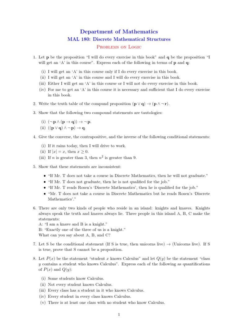 Discrete Math - Problems on Logic | PDF | Semantics | Deductive Reasoning