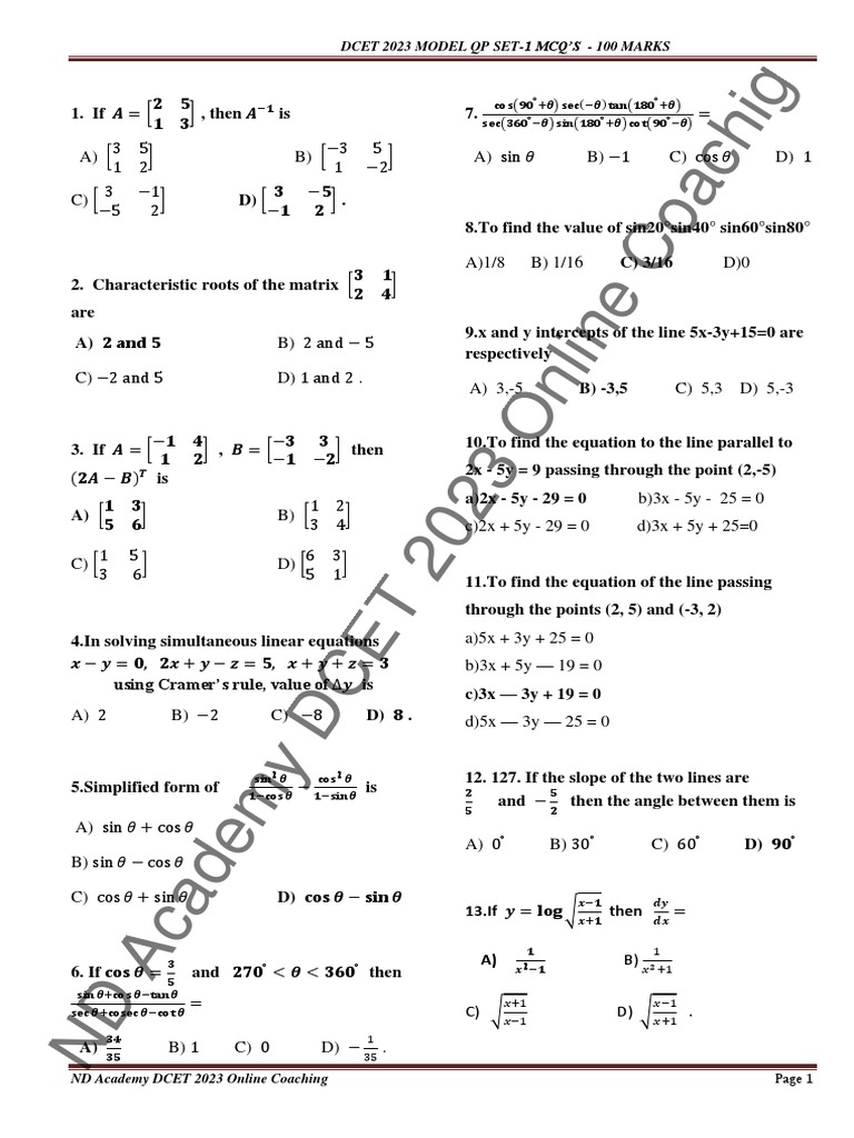 Nddcet Model QP-1-100 Marks | PDF | Algorithms | Mathematical Concepts