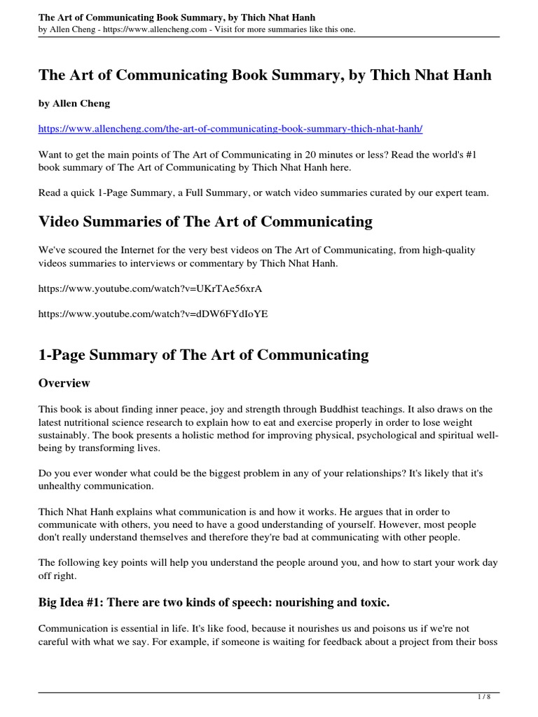 The Art of Communicating Book Summary Thich Nhat Hanh | PDF | Anger ...