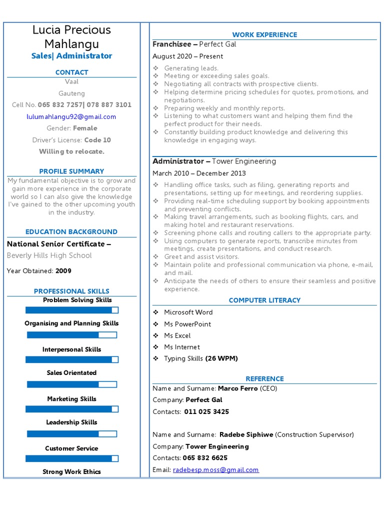 Lucia Precious Mahlangu Resume | PDF | Sales | Communication