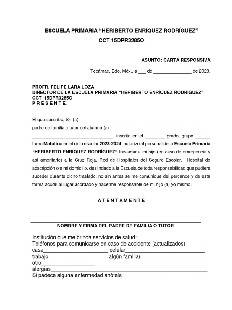 Carta-Responsiva Seguro Escolar | PDF