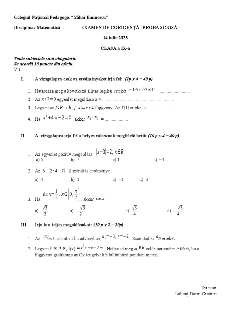 Subiect Scris Corigenta Matematica 9 Maghiara | PDF