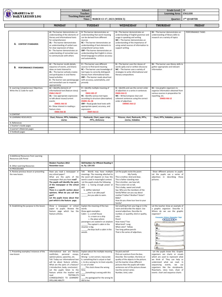 DLL - English 4 - Q3 - W5 | PDF | Learning | Reading Comprehension