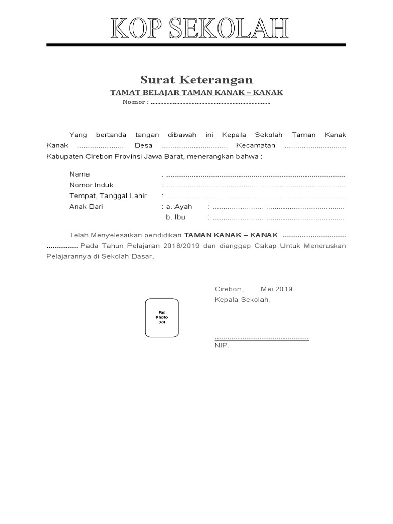 Surat Keterangan Tamat Belajar TK | PDF