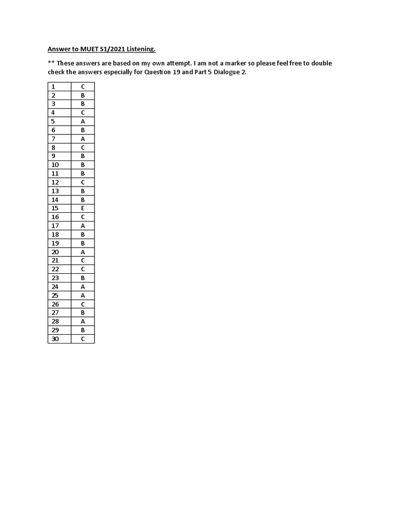 MUET S1/2021 Listening Answers | PDF