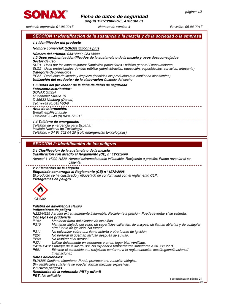 Hoja MSDS Silicona Spray Sonax 400ML | PDF | Residuos | Carcinógeno