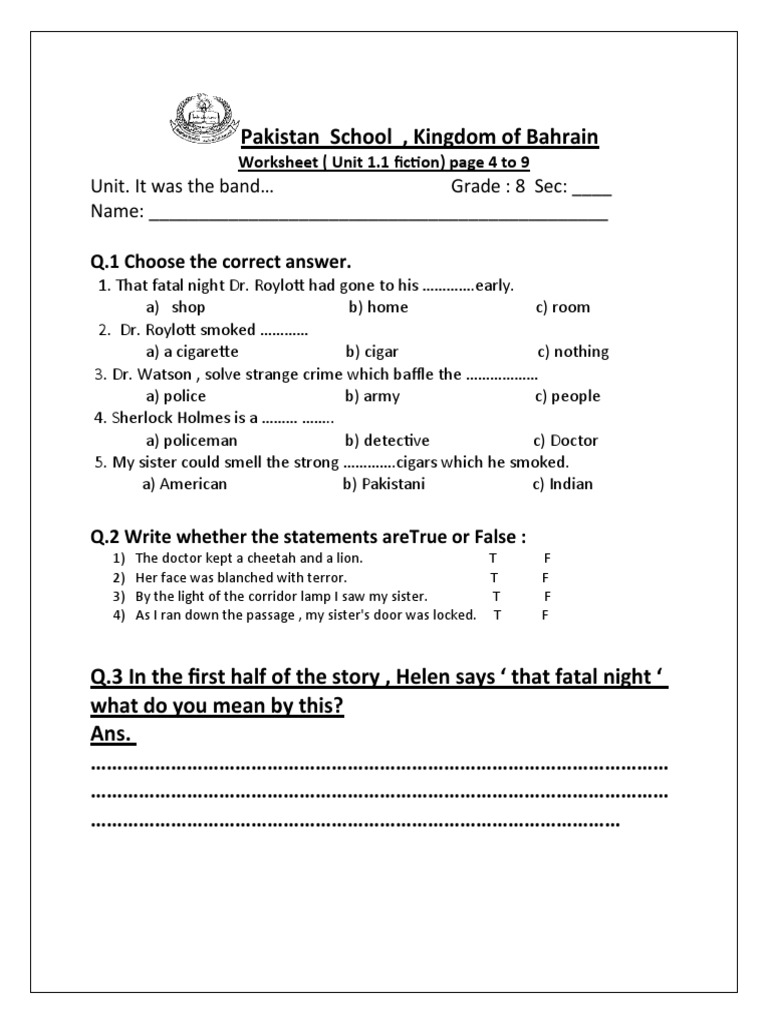 Grade 8 Eng Unit 1.1 Worksheet | Download Free PDF | Arthur Conan Doyle ...