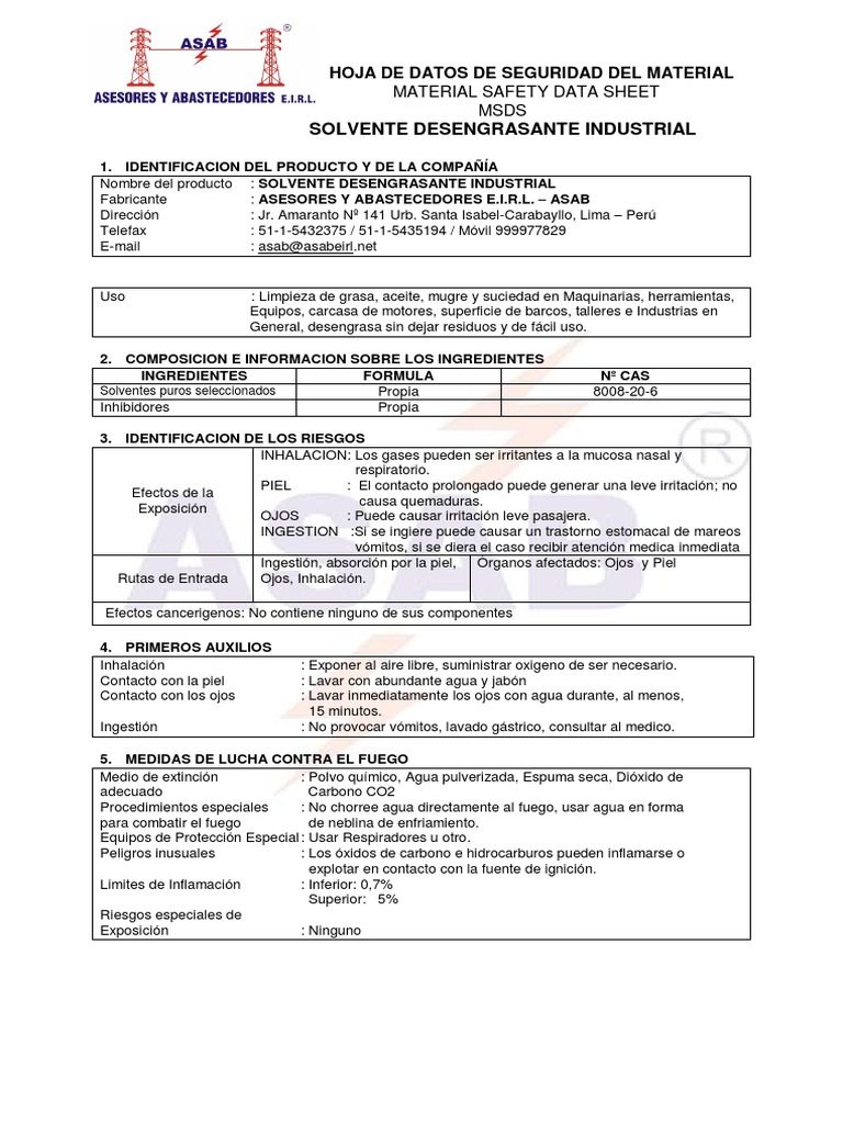 Solvente Desengrasante Industrial - Hoja MSDS | PDF | Agua | Incendios