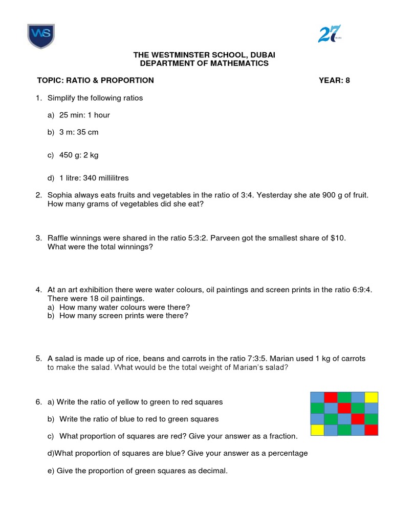 Year 8 WS Ratio Proportion | PDF