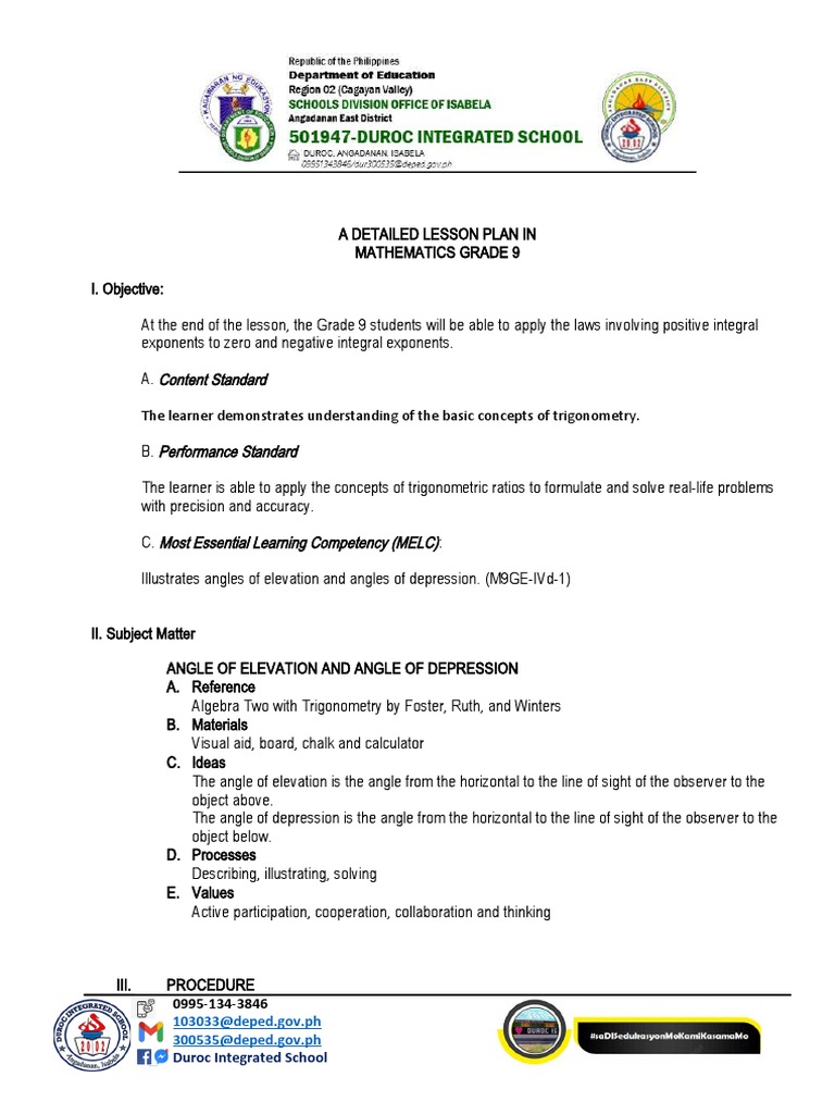 Lesson Plan Detailed Math 9 Q4 | PDF | Trigonometric Functions | Triangle