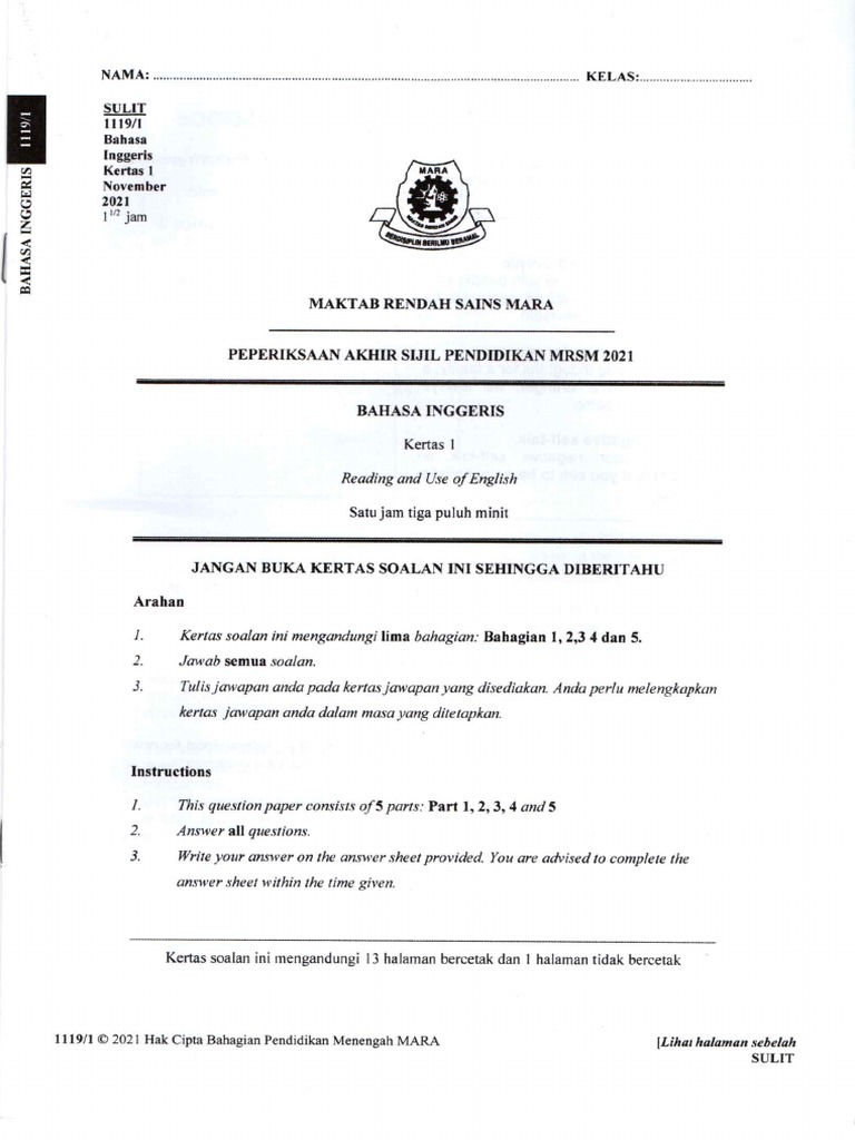 Kertas Trial English MRSM k1 2021 | PDF