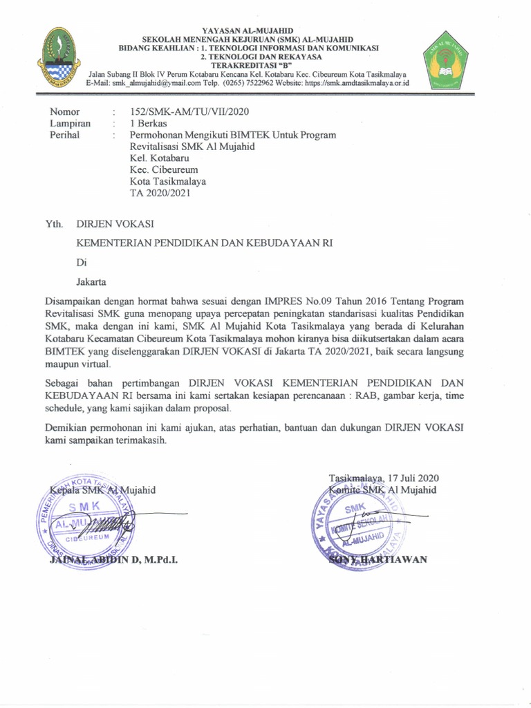Surat Permohonan Revit SMK Al Mujahid Tasikmalaya | PDF