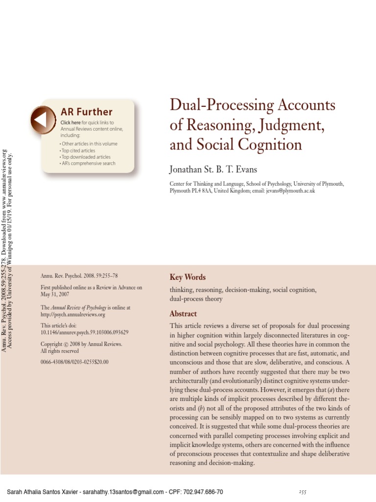Dual-Processing Accounts of Reasoning, Judgment, and Social Cognition | PDF | Mind | Unconscious ...