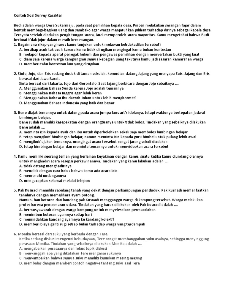 Contoh Soal Survei Karakter SD | PDF