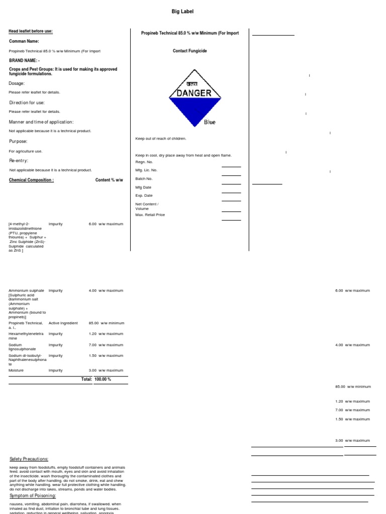 Propineb - Technical - 85.0 - Label CIB Delhi | PDF | Breathing | Water