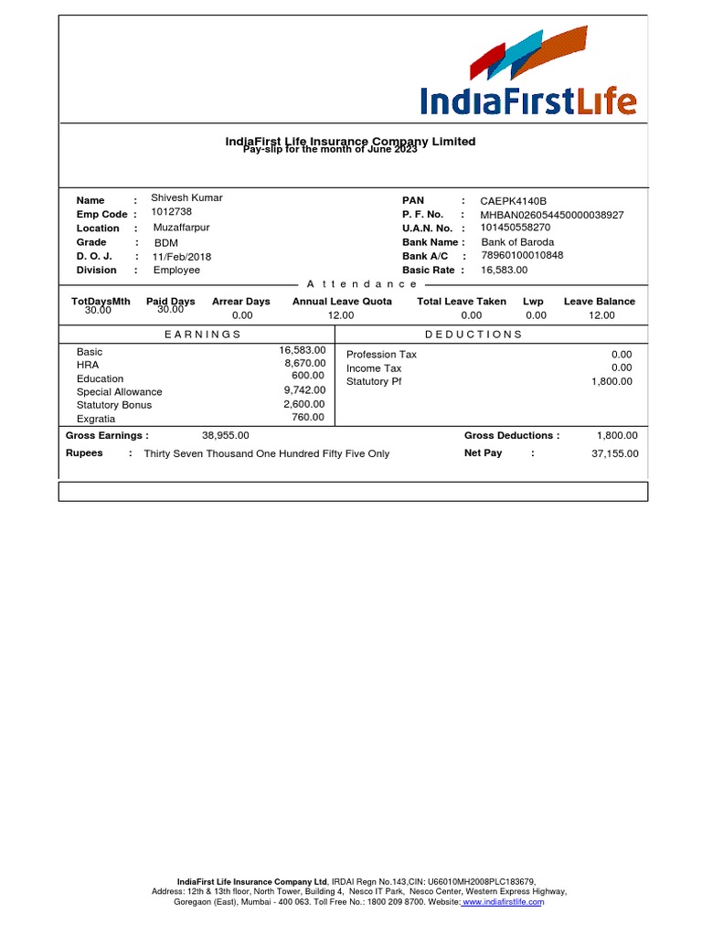 IndiaFirst Life Insurance Pay Slip June 2023 | PDF | Government ...