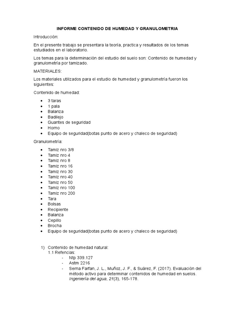 Informe Contenido de Humedad y Granulometria | PDF | Suelo | Humedad