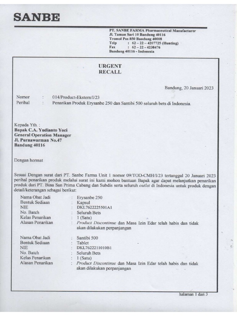 Surat Urgent Recall Product Erysanbe 250 Dan Santibi 500 Dari Marketing ...
