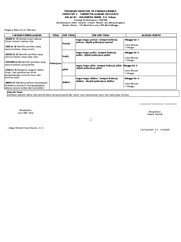 Program Semester 2 - Bulan Februari - Kelas B1 Ta 2021-2022 | PDF