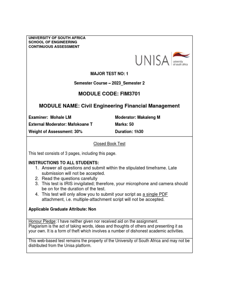 Major Test 1 FIM3701 S2 | PDF