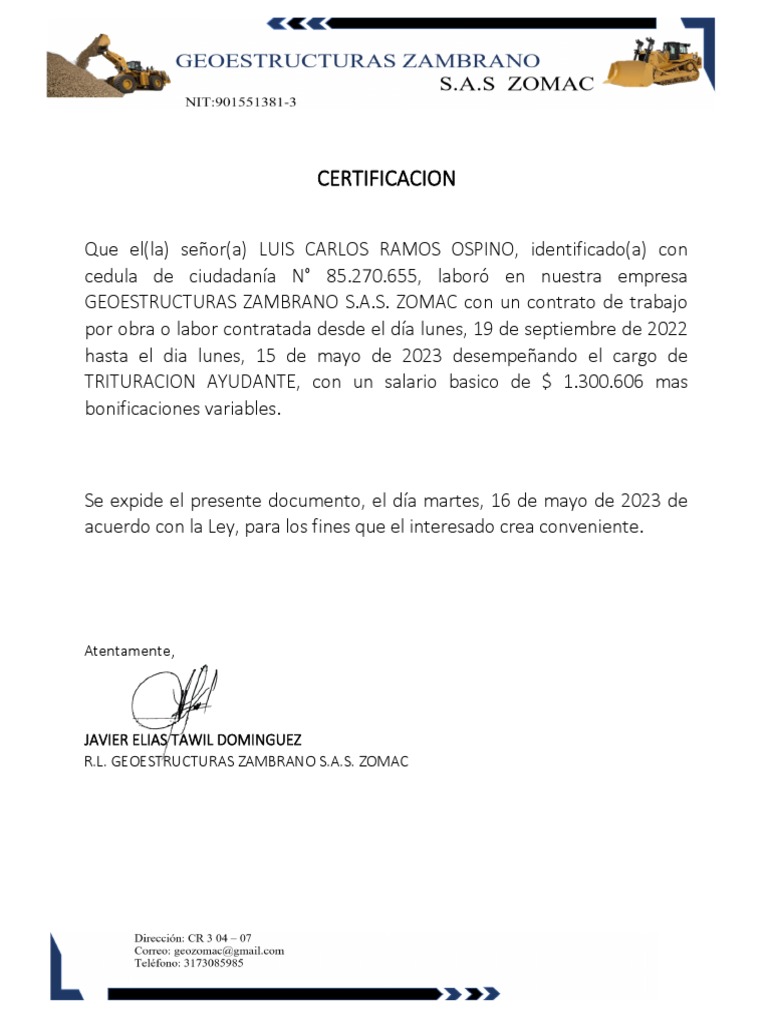Certificacion Laboral LUIS CARLOS RAMOS OSPINO - 20230516 | PDF