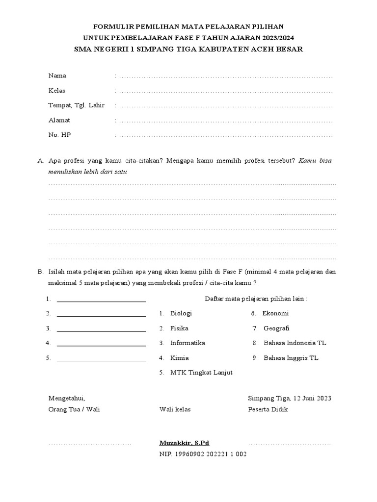 Formulir Pemilihan Mata Pelajaran Pilihan - Bkmadrasah | PDF