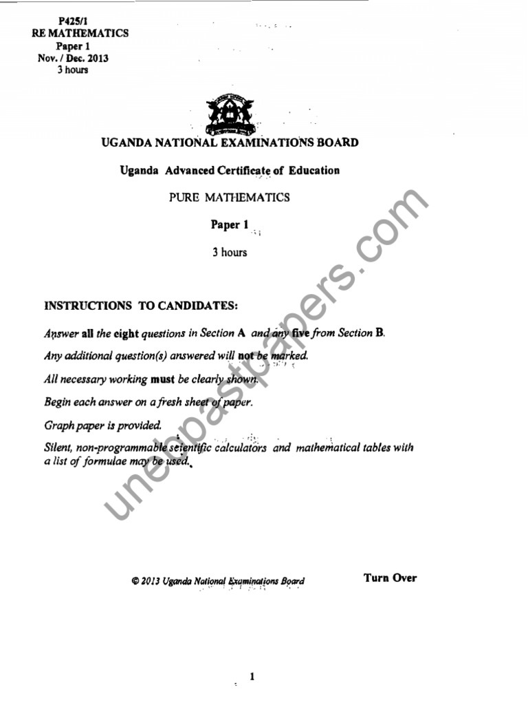 UACE Pure Mathematics Paper 1 2013 | PDF | Complex Number | Euclidean ...