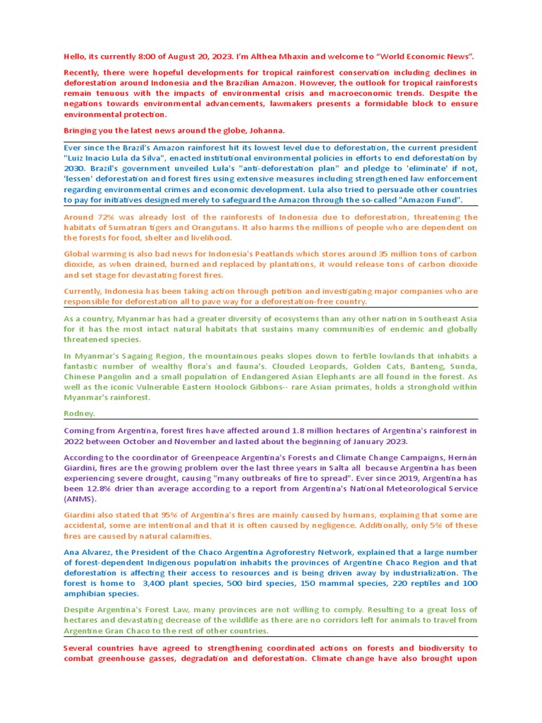 Rainforest Newscasting Script | PDF | Deforestation | Amazon Rainforest