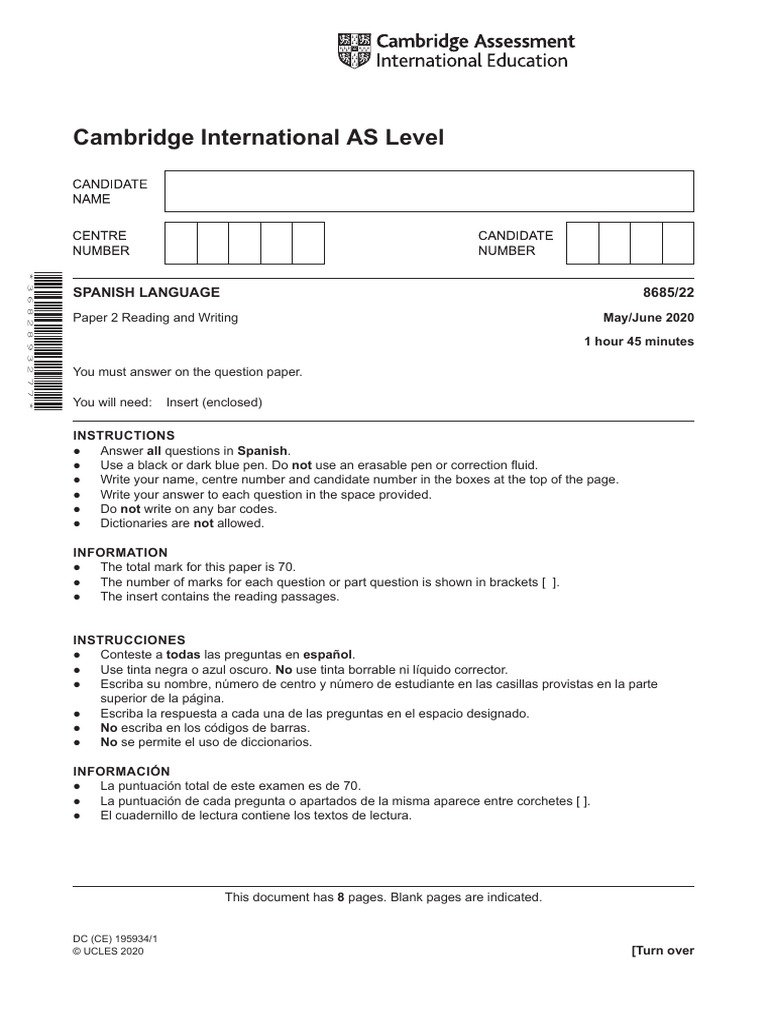 Cambridge International AS Level: Spanish Language 8685/22 | PDF