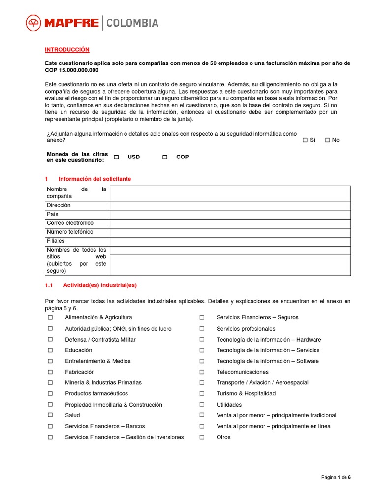 Mapfre - Nuevo Cuestionario PYME - 2020 | PDF | Seguro | Contraseña