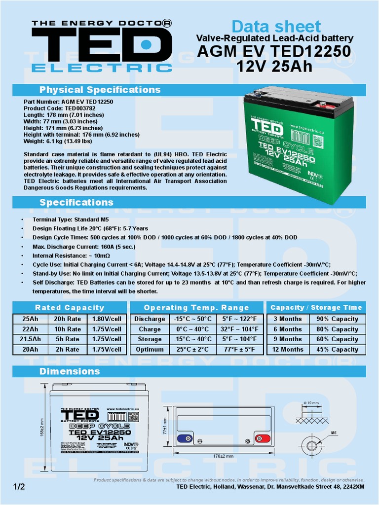 Datasheet TED003782 TED1225EV 12V 25ah X | PDF | Physical Sciences | Electricity