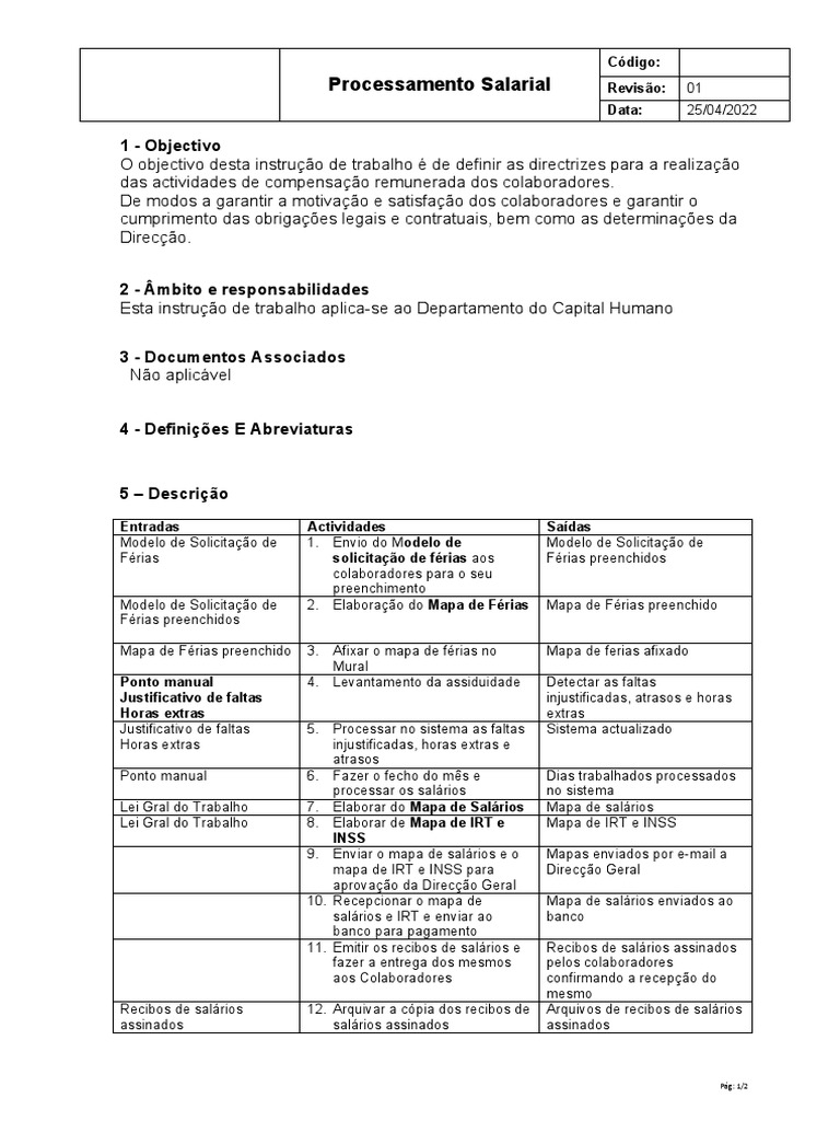 Procedimento - Processamento Salarial | PDF | Férias trabalhistas | Salário