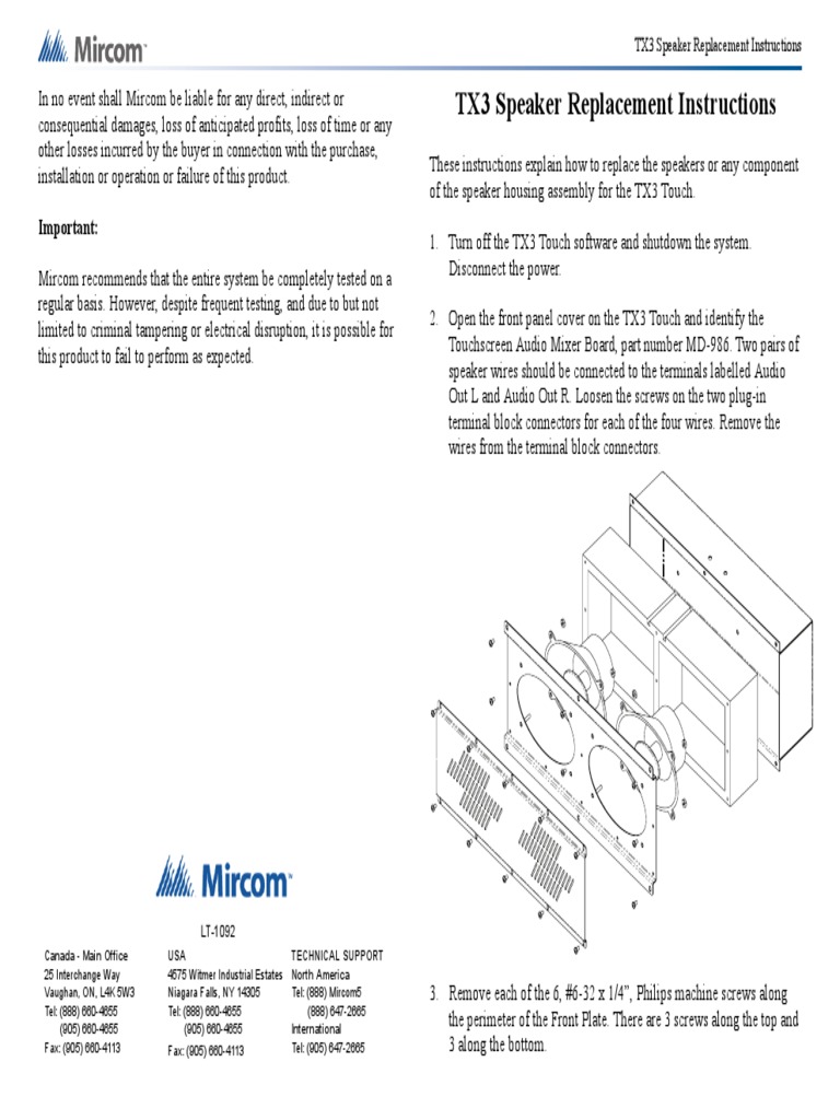 LT-1092 TX3 Touch Screen SPKR Replacement Instr | PDF | Screw | Equipment
