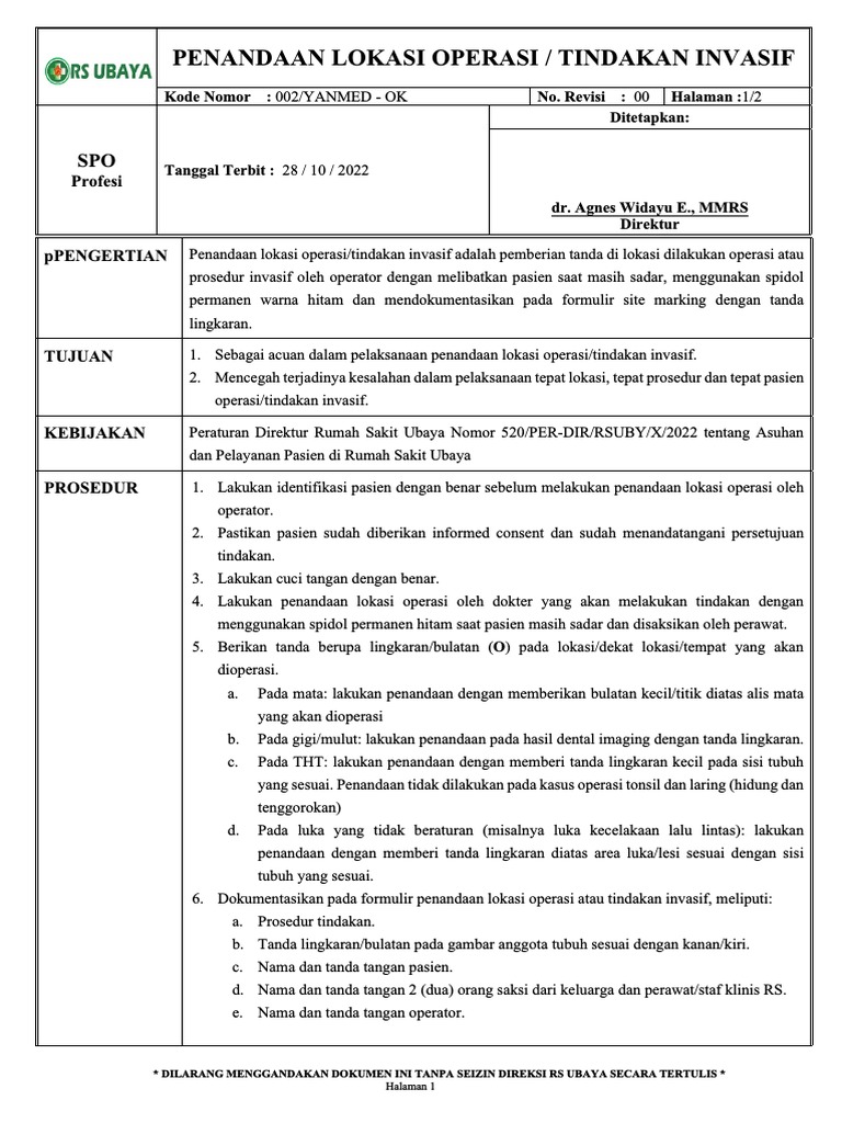 Penandaan Lokasi Operasi Atau Tindakan Invasif (Rev.00, 2022) | PDF ...