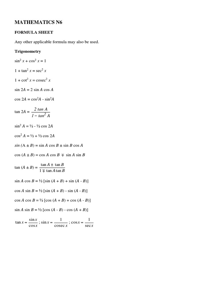 Mathematics N6 Formula Sheet | PDF | Geometry | Euclid