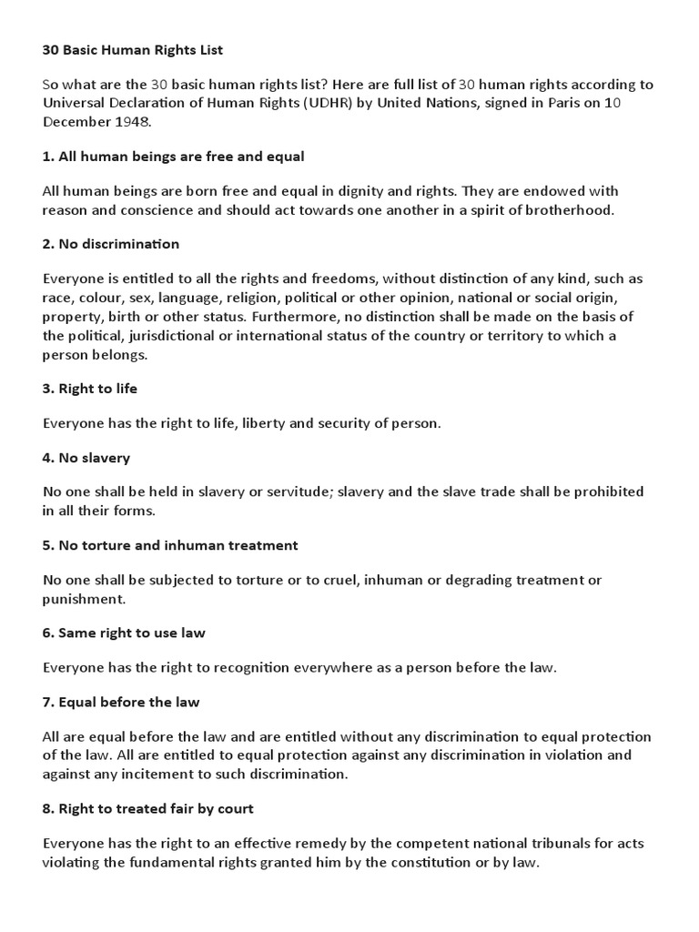 30 Basic Human Rights List | PDF | Human Rights | Discrimination