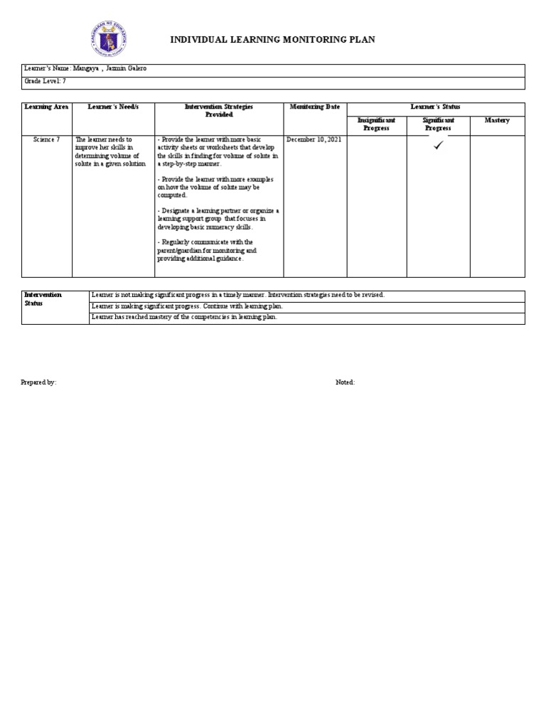 Individual Learning Monitoring Plan: Grade 7 | PDF