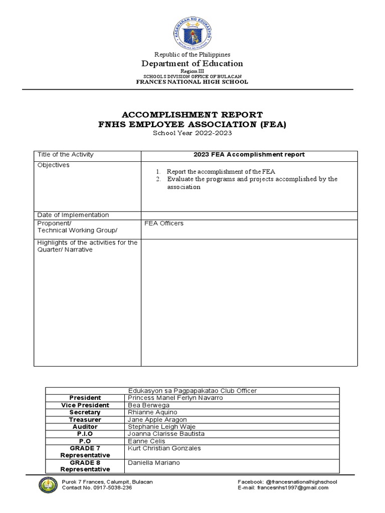 Fea Accomplishment Report 2023 | PDF | Philippines