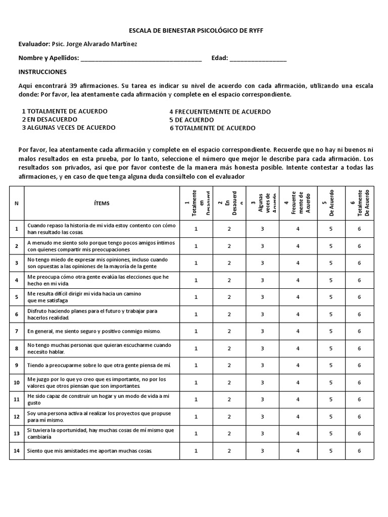 Escala de Bienestar Psicológico de Ryff | PDF | Bienestar