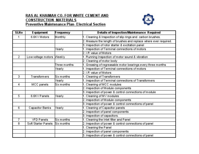 Preventive Maintenance Plan - Electrical Section | PDF