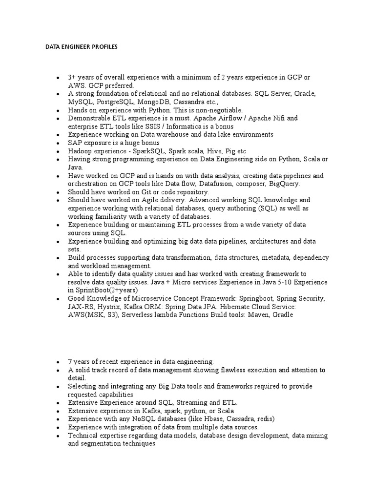 Data Engineer Profiles | Download Free PDF | Apache Spark | Databases