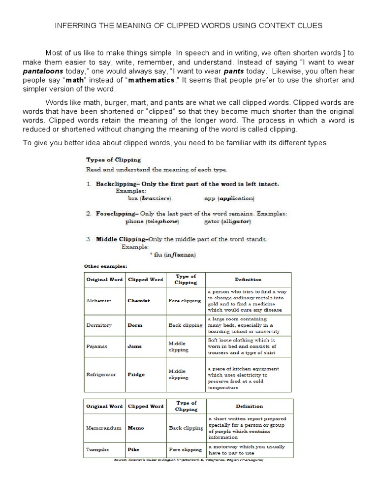 INFERRING THE MEANING OF CLIPPED WORDS USING CONTEXT CLUES Lesson G5 | PDF