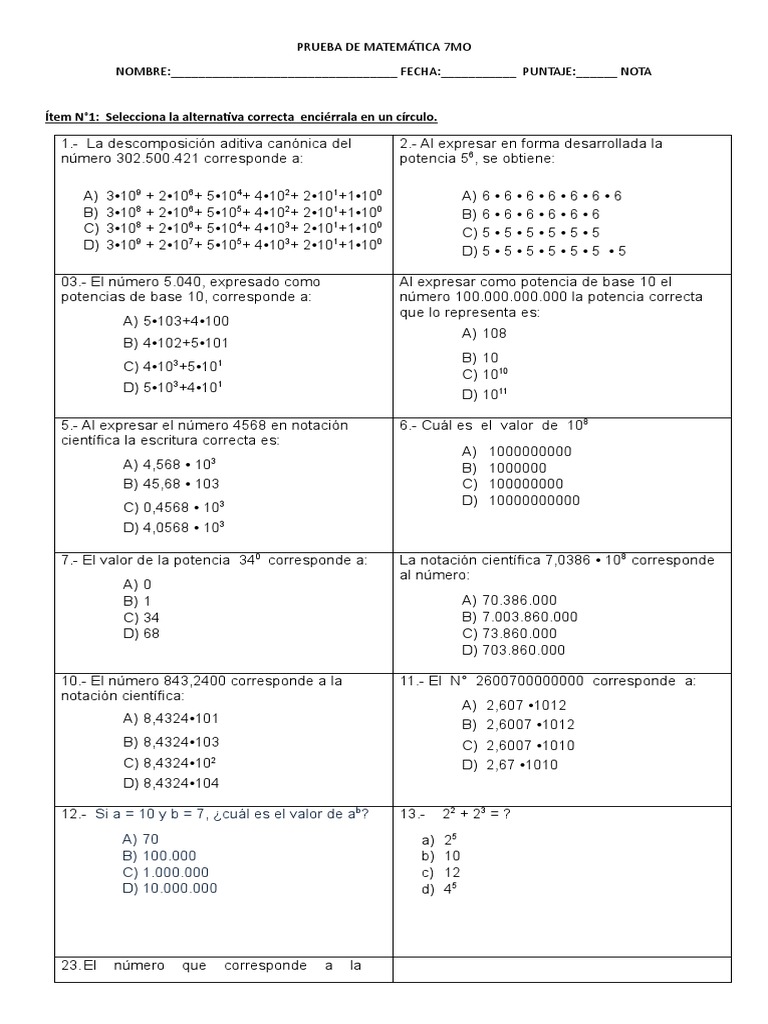 Prueba de Matemática 7mo Notacion Cientifica | PDF | Matemáticas