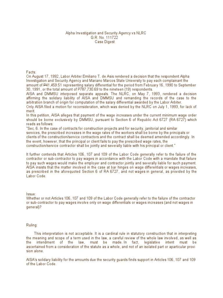 Alpha Investigation and Security Agency Vs NLRC CASE DIGEST | PDF ...