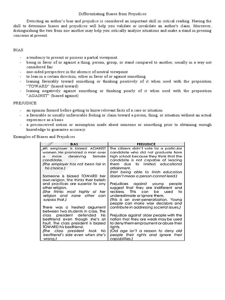 Understanding Bias vs. Prejudice | PDF