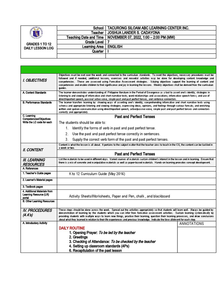 Past Perfect Tense Lesson Plan for Grade 7 | PDF | Learning ...
