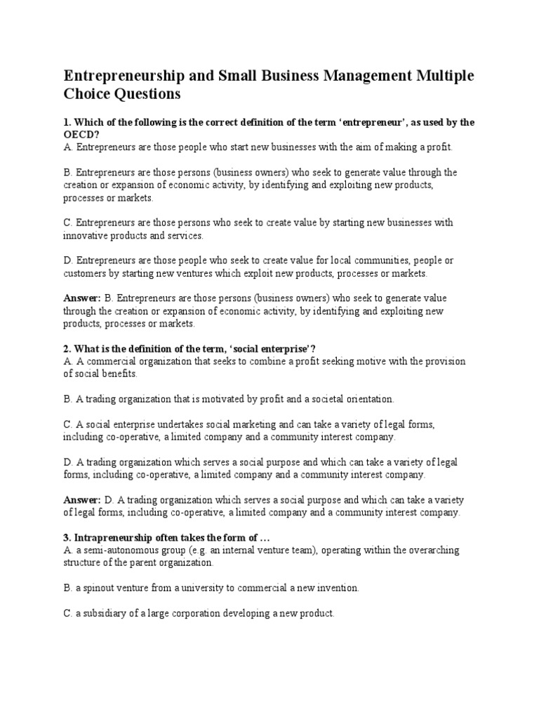 Entrepreneurship and Small Business Management Multiple Choice ...