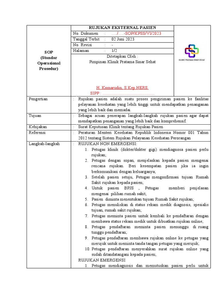 SOP Rujukan Eksternal Pasien | PDF