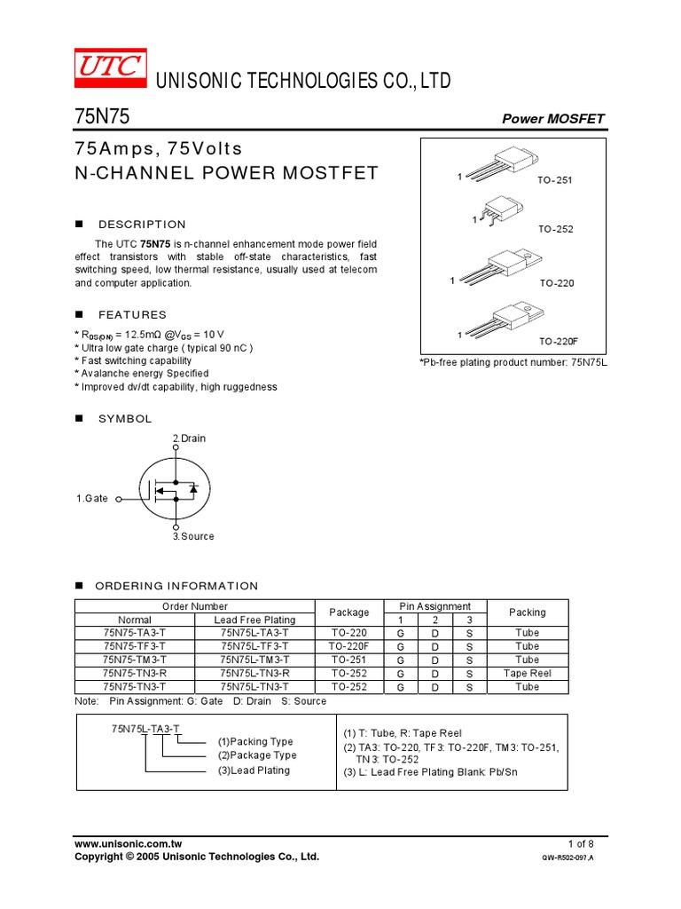 Datasheet 75n75 | PDF | Field Effect Transistor | Mosfet
