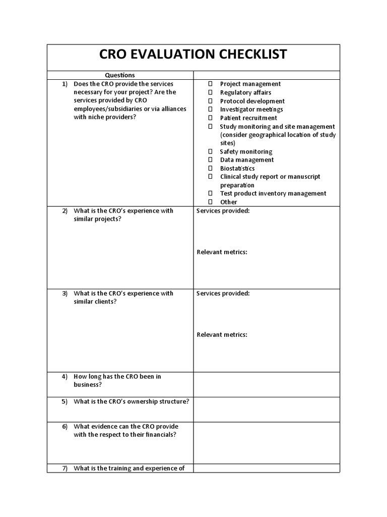Cro Evaluation Checklist | PDF | Clinical Trial | Business